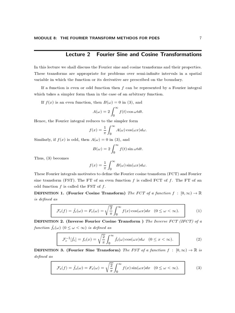 Fourier Sine and Cosine Transformations: Module 8: The Fourier ...