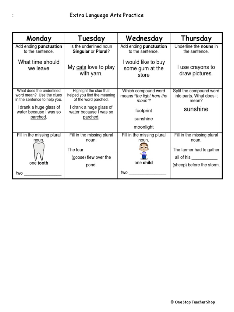 Monday Tuesday Wednesday Thursday:: Extra Language Arts Practice | PDF ...
