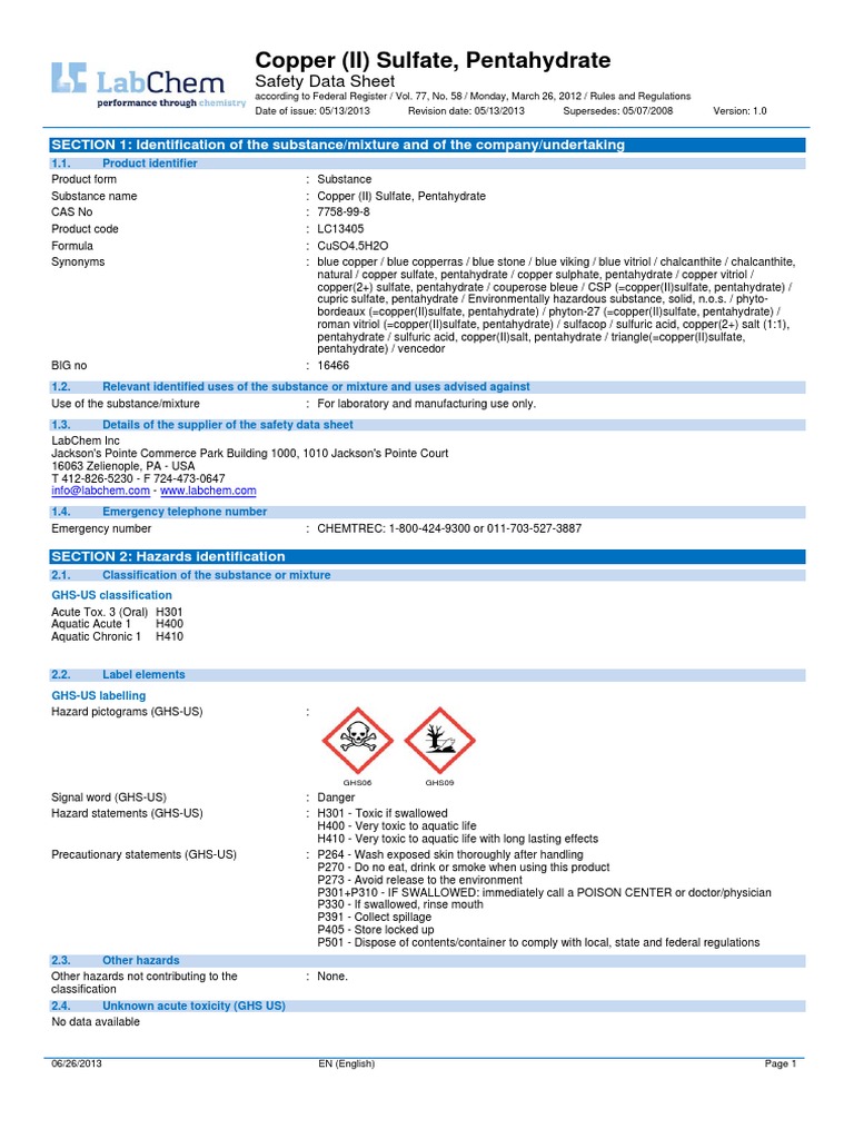 Copper (II) Sulfate, Pentahydrate: Safety Data Sheet | PDF | Toxicity ...