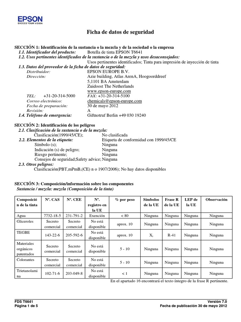 MSDS Tinta Epson T6641_ES | Primeros auxilios | Agua