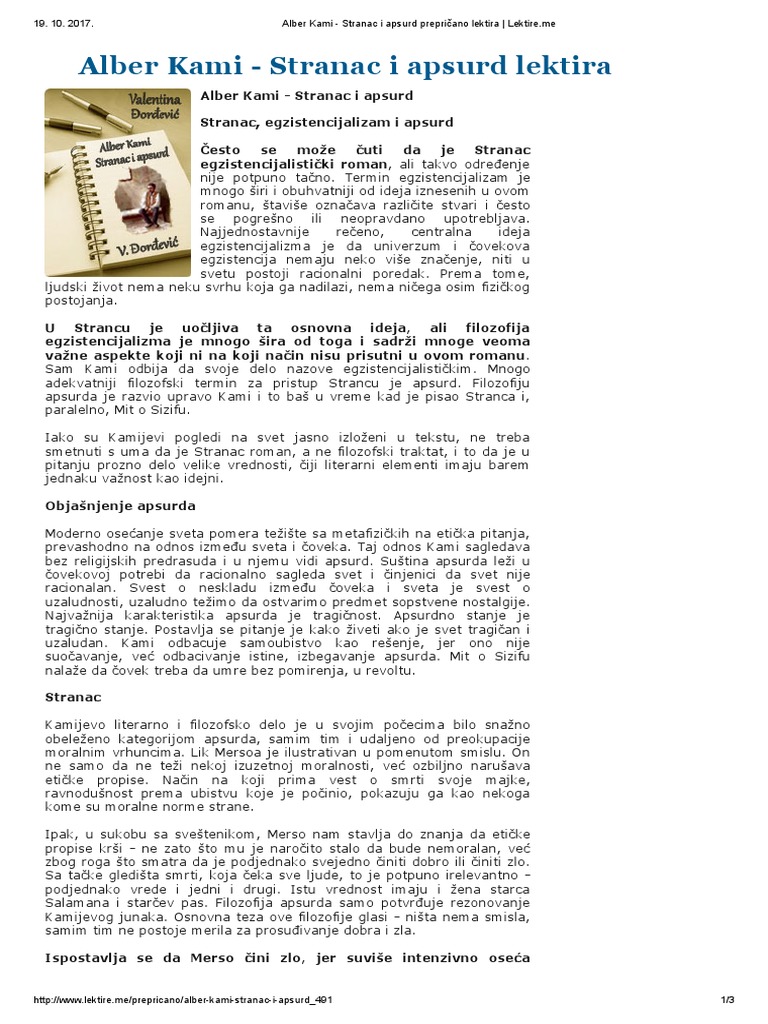 Alber Kami - Stranac I Apsurd Prepričano Lektira - Lektire | PDF