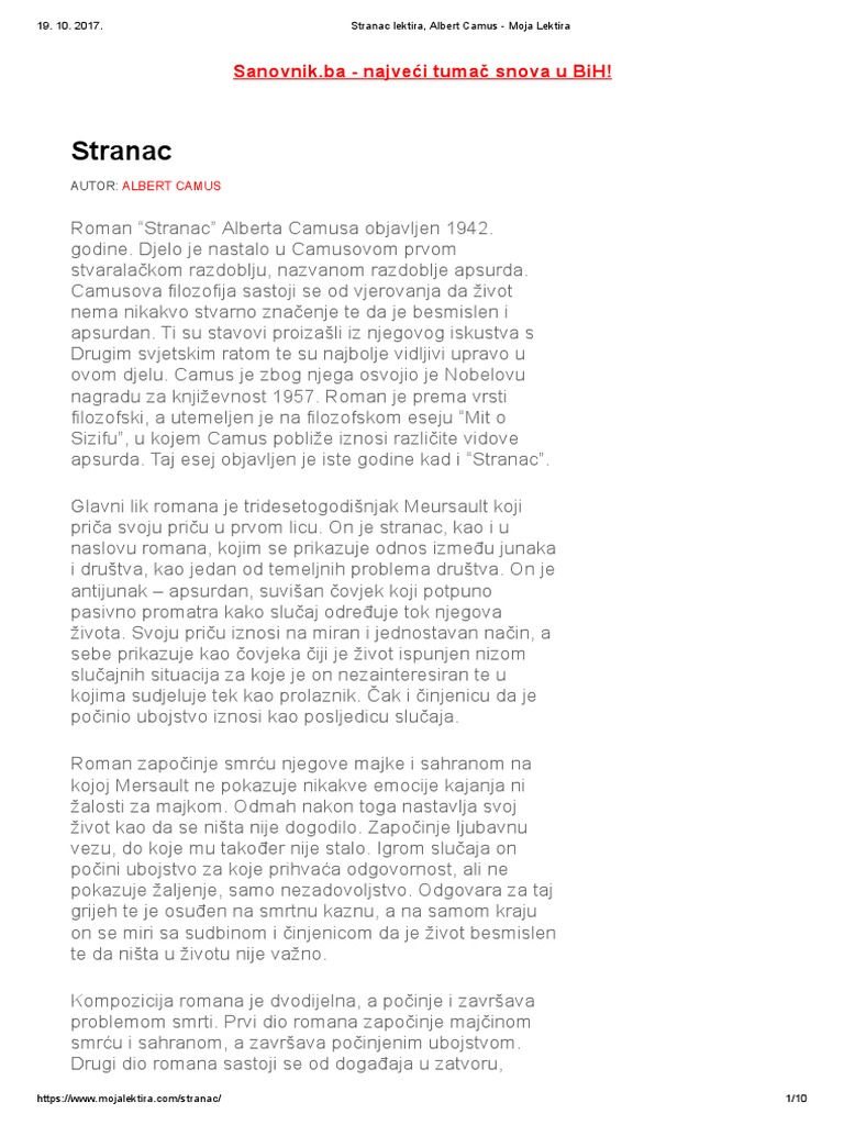 Stranac Lektira, Albert Camus - Moja Lektira | PDF
