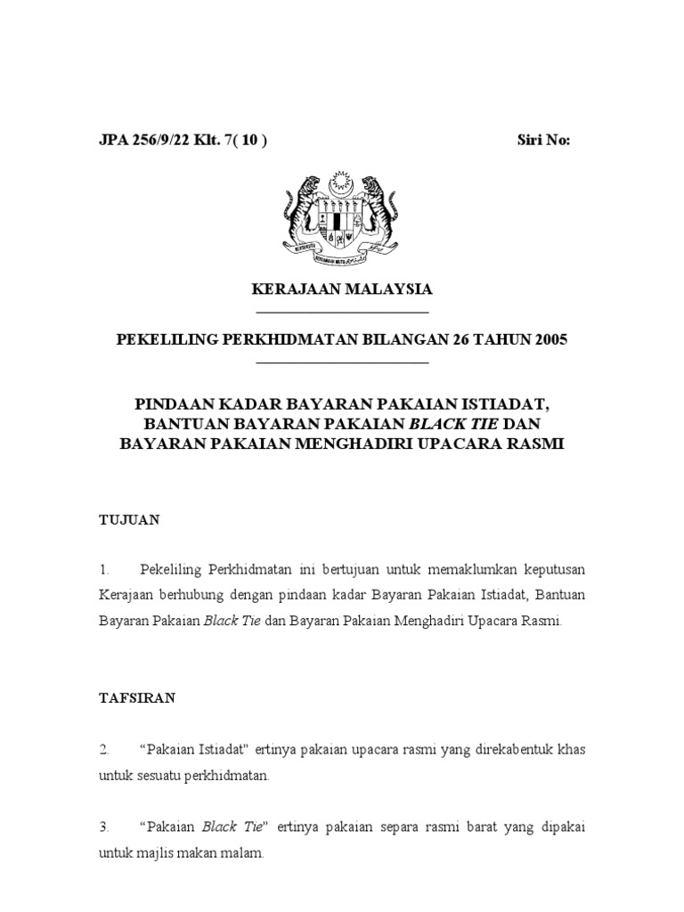 Pekeliling Perkhidmatan Bil 26/2005 - Bayaran Pakaian Istiadat - Black ...