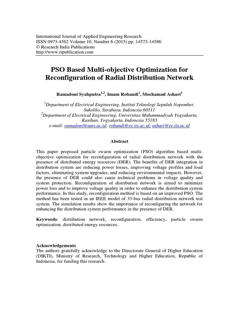 Pso Based Multi Objective Optimization For Reconfiguration Of Radial Distribution Network Pdf