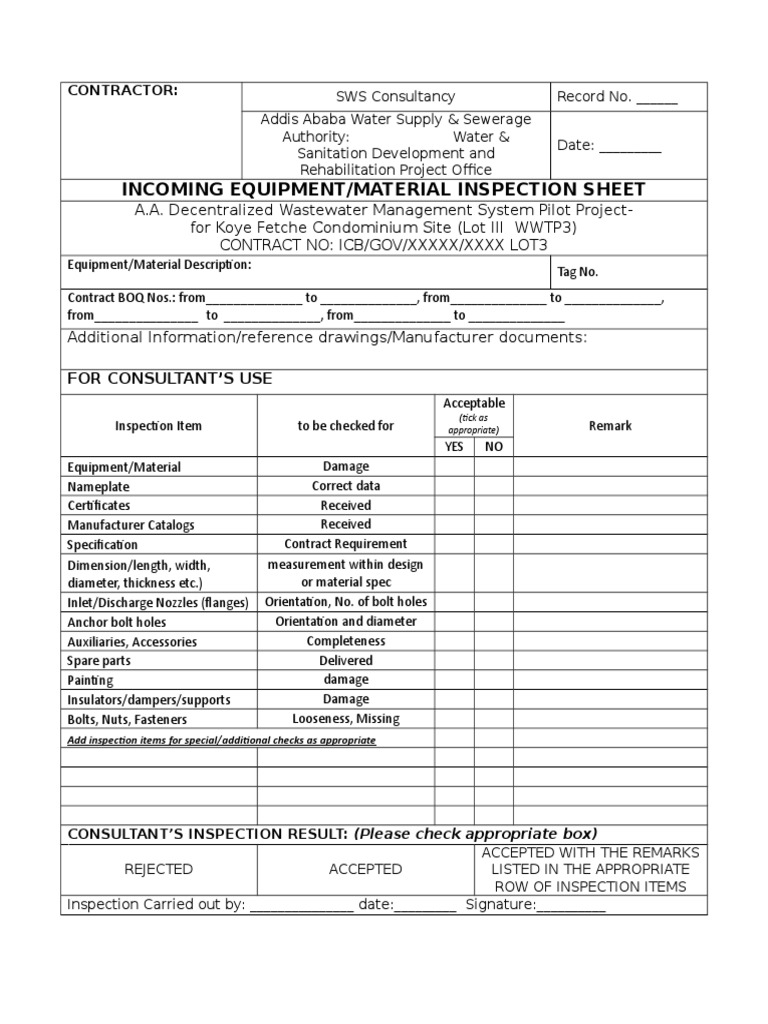 Incoming inspection form Rev | Water Supply And Sanitation | Screw