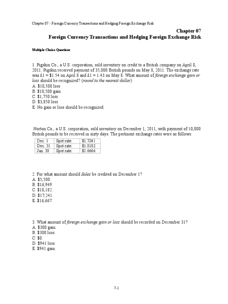 Chapter 7 - Test Bank | PDF | Exchange Rate | Hedge (Finance)