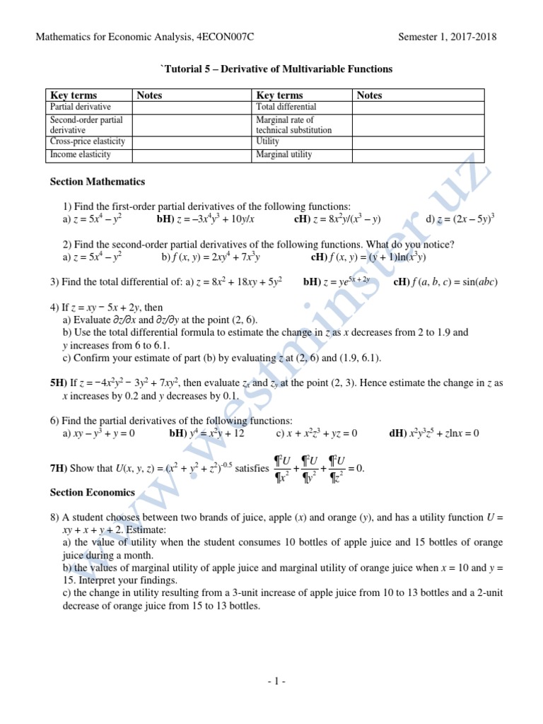 Tutorial 5 - Derivative of Multivariable Functions | PDF | Production ...
