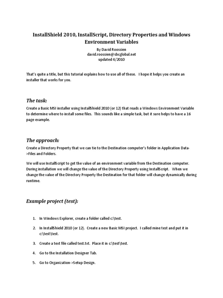InstallShield 2010, InstallScript, Directory Properties and Windows Environment Variables | PDF ...