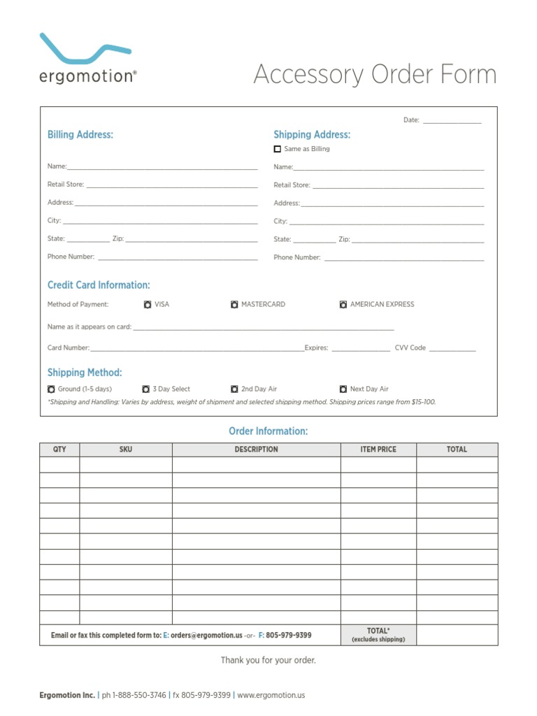 Ergomotion Accessory Order Form | PDF | Visa Inc. | Financial Services