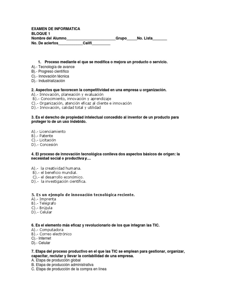Examen Bloque 1 de Tecnologia de Informatica 3 Grado | Innovación ...