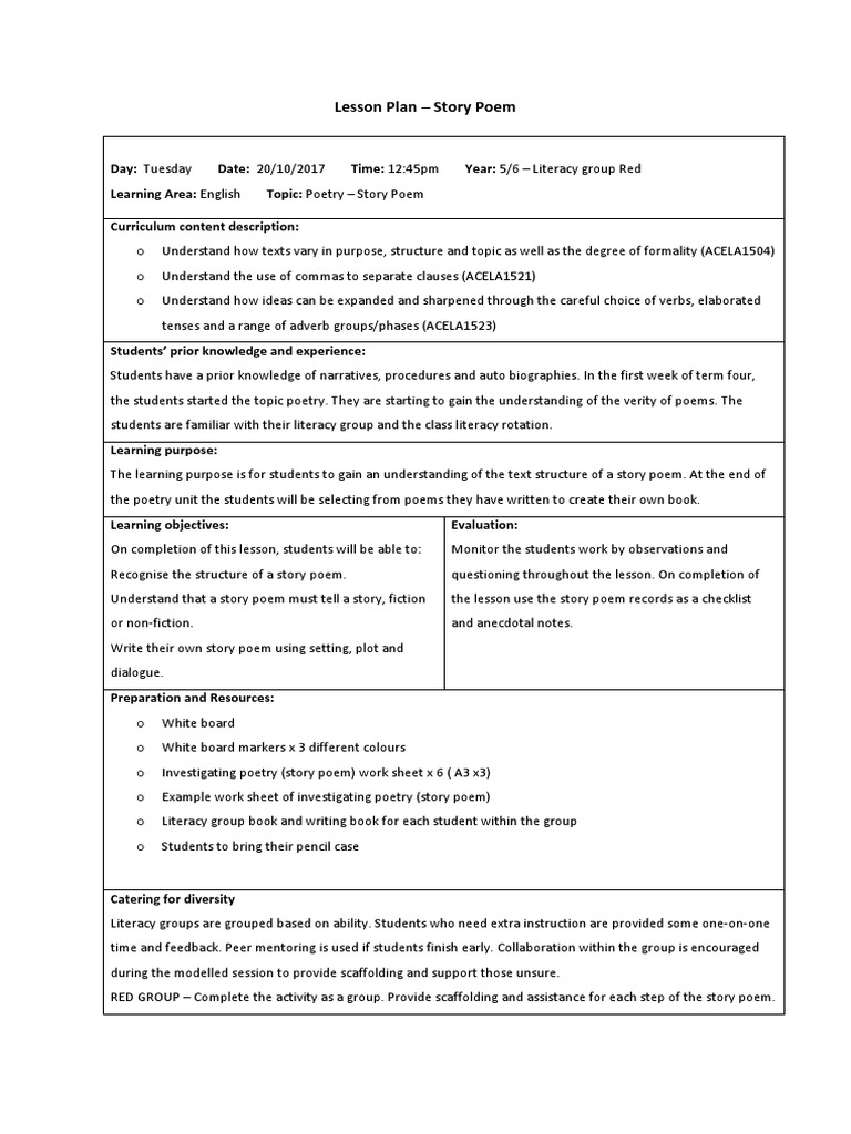 Lesson Plan Story Poem Red Group | PDF | Lesson Plan | Poetry