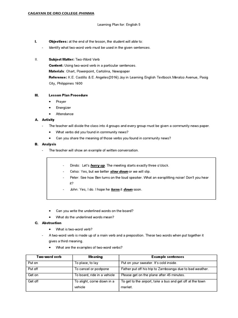 Lesson Plan Two Word Verb | PDF | Verb | Linguistics