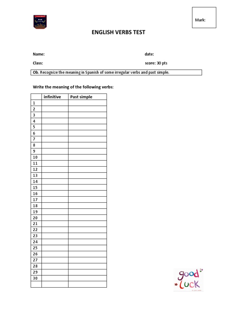 English Verbs Test: Write The Meaning of The Following Verbs ...