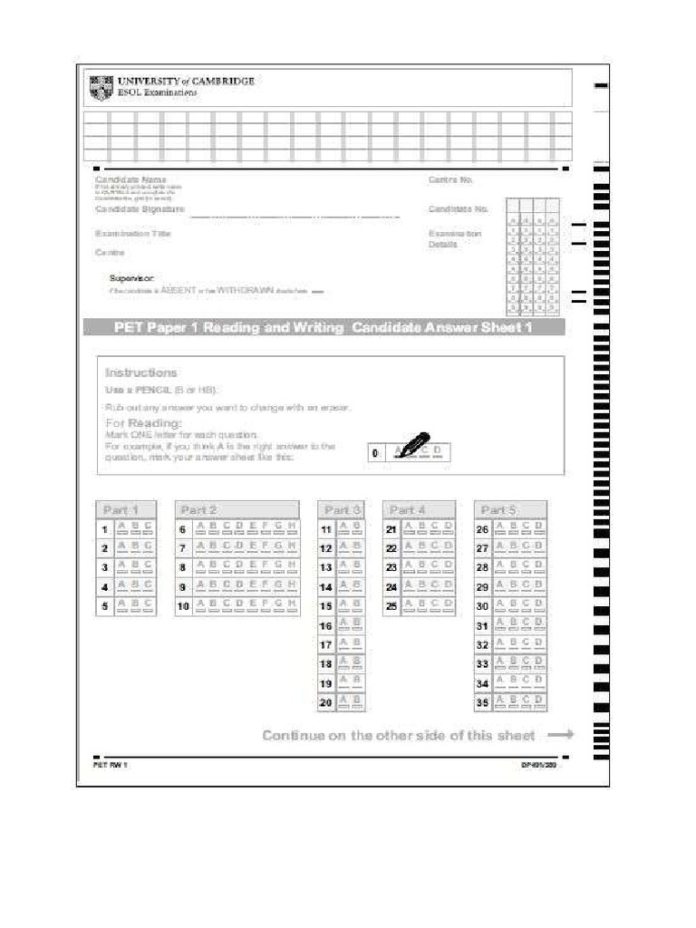 PET Answer Sheet
