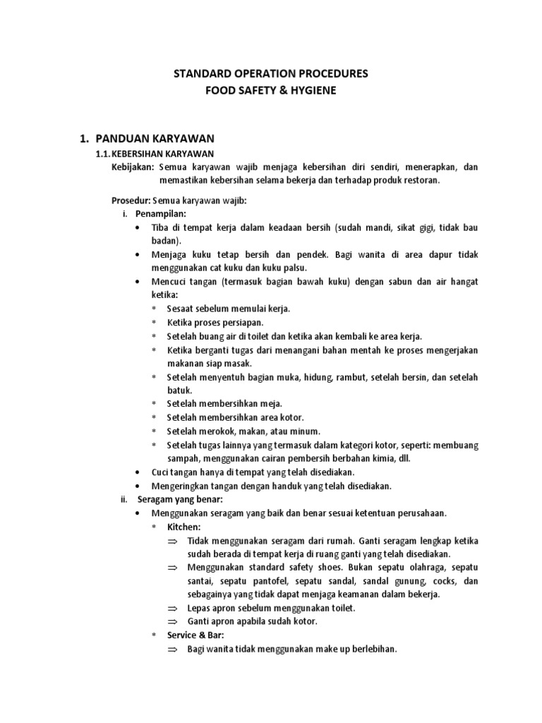 SOP Hygiene & Sanitation | PDF