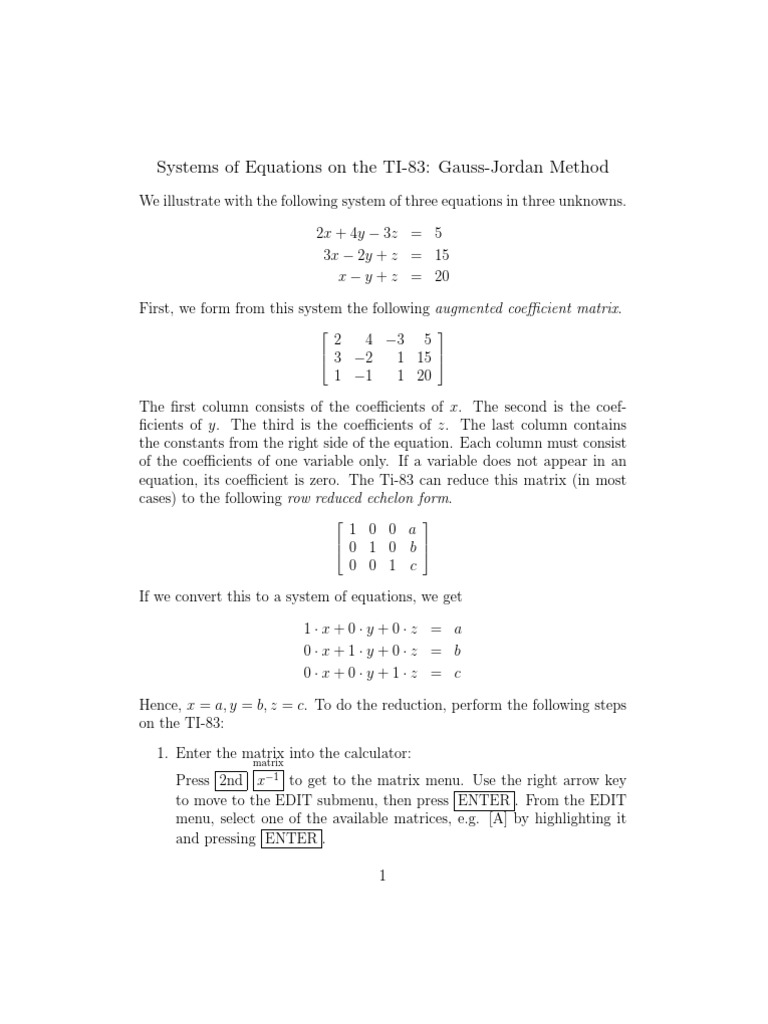 Systems of Equations On The TI-83: Gauss-Jordan Method: Matrix 1 | PDF ...