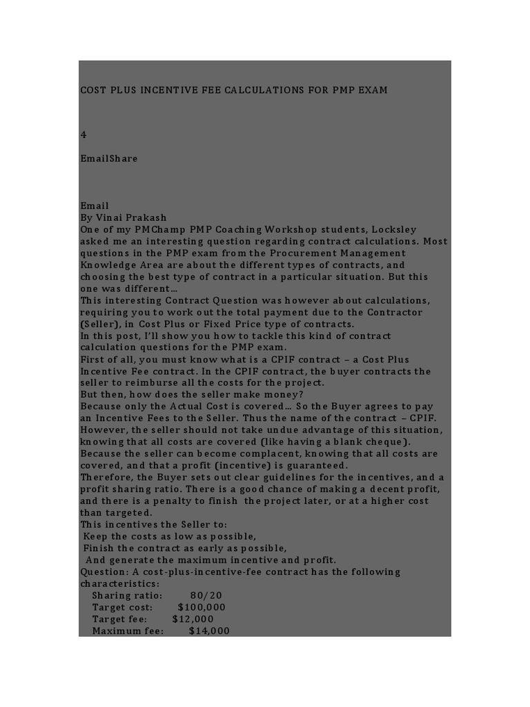 Cost Plus Incentive Fee Calculations For PMP Exam | PDF | Economies ...
