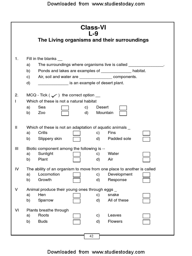 CBSE Class 6 The Living Organisms Worksheet | PDF | Habitat | Desert
