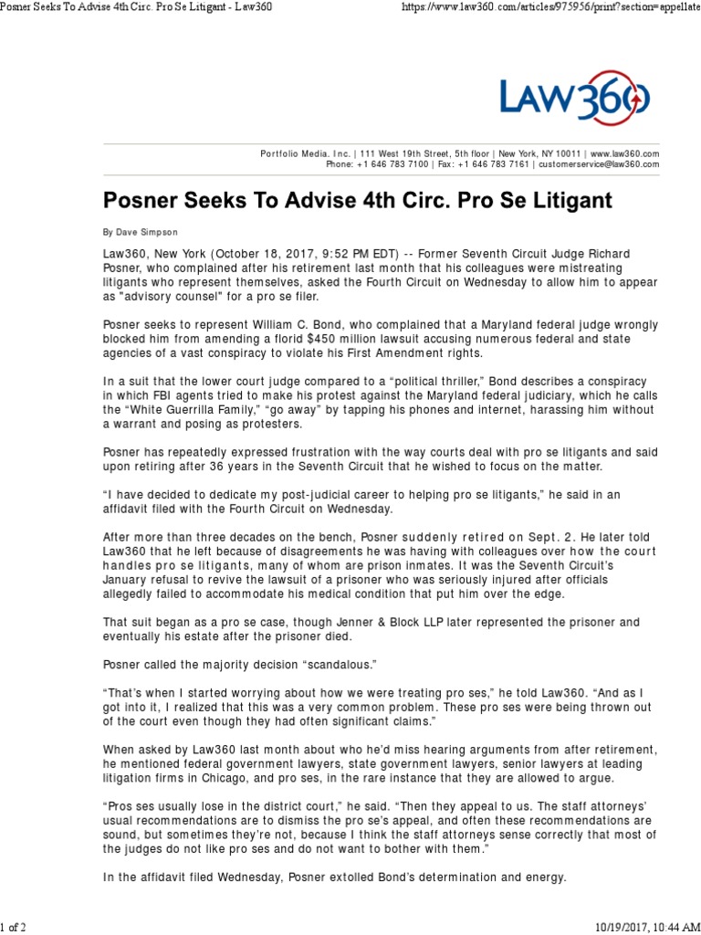 Law 360 Article On Judge Posner & William C. Bond Pro Se Dated ...