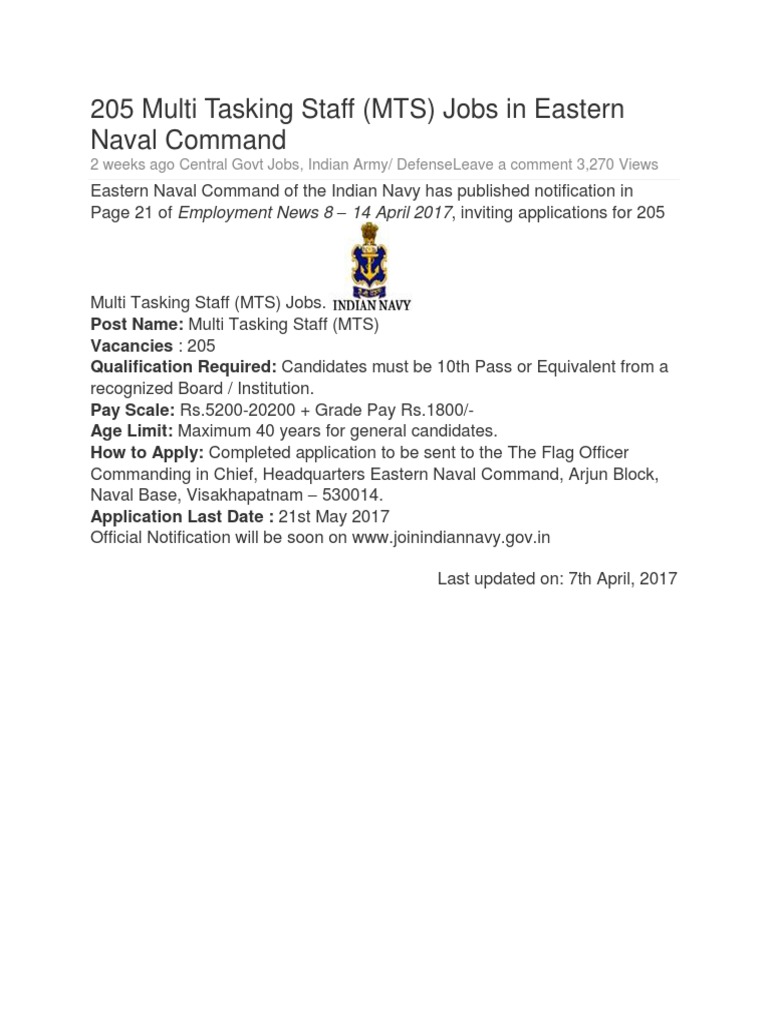 205 Multi Tasking Staff (MTS) Jobs in Eastern Naval Command | PDF