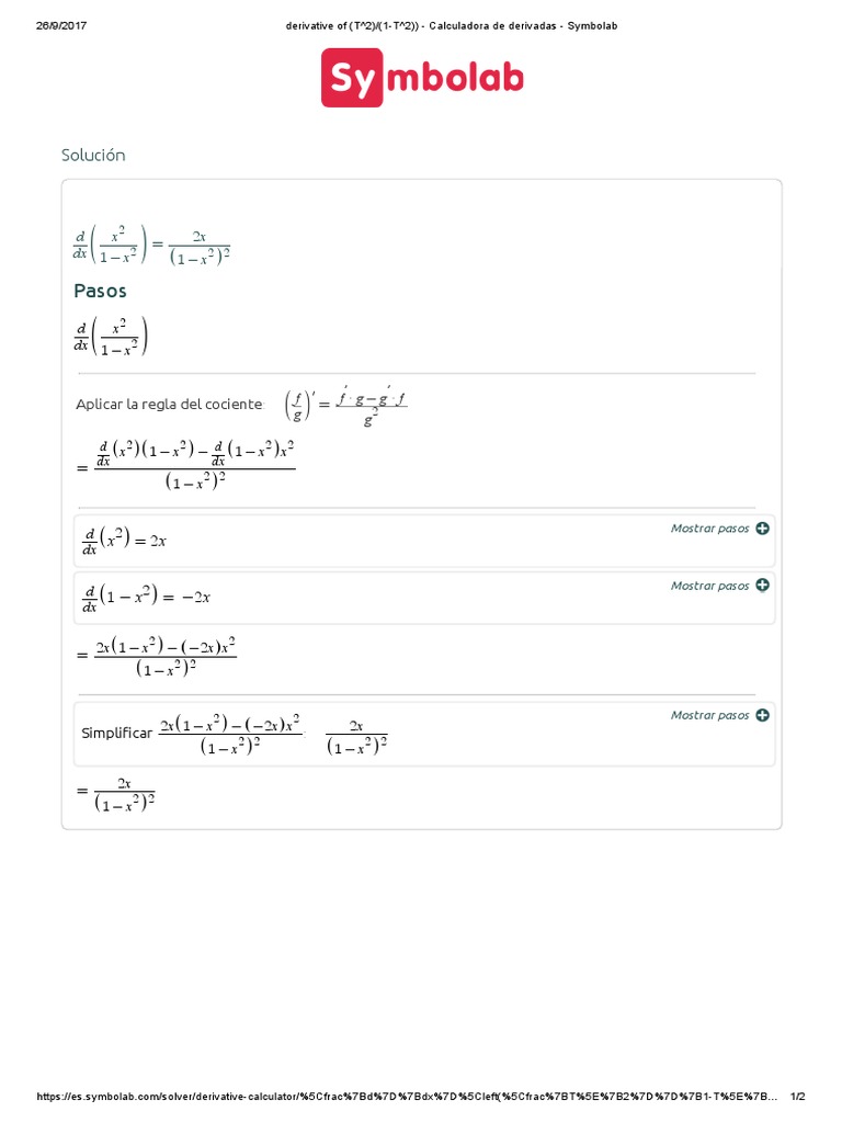 derivative of (T^2)_(1-T^2)) - Calculadora de derivadas - Symbolab