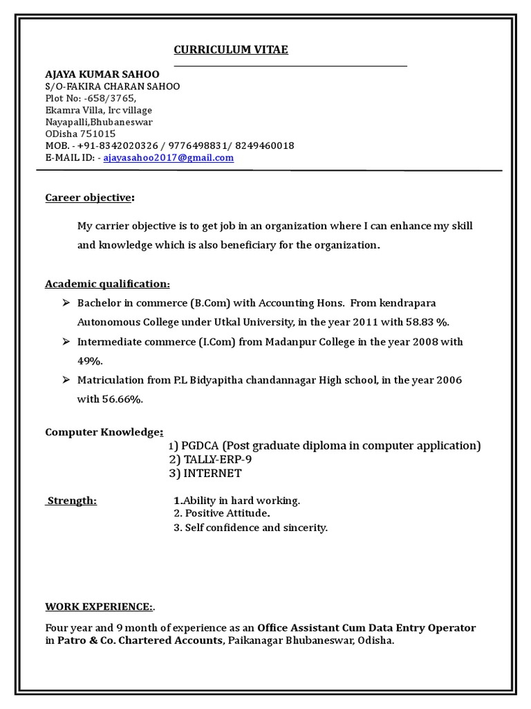 Ajaya Kumar Sahoo's CV Summary | PDF | Career & Growth