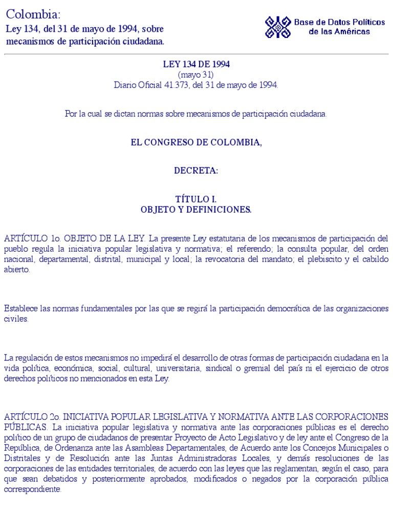 Ley 134 de 1994: Normas sobre mecanismos de participación ciudadana en ...