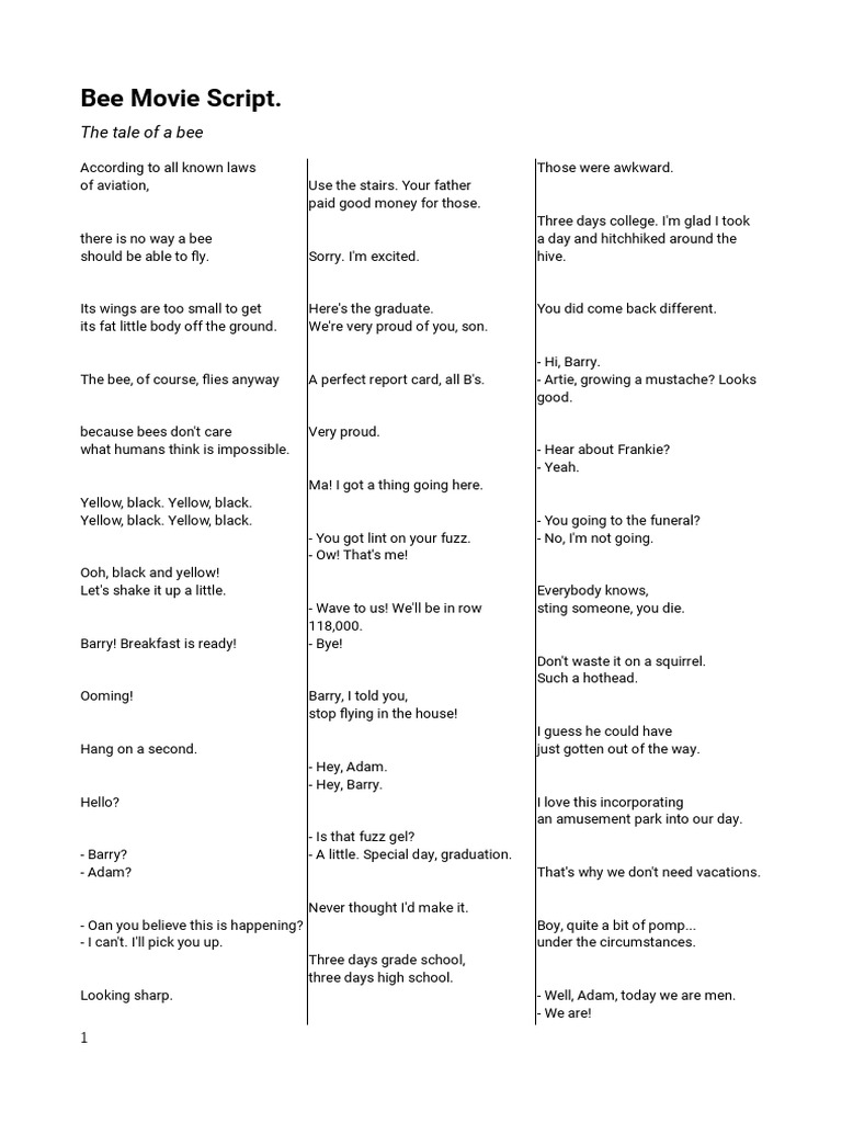 Bee Movie Script.: The Tale of A Bee | PDF | Bees | Beehive