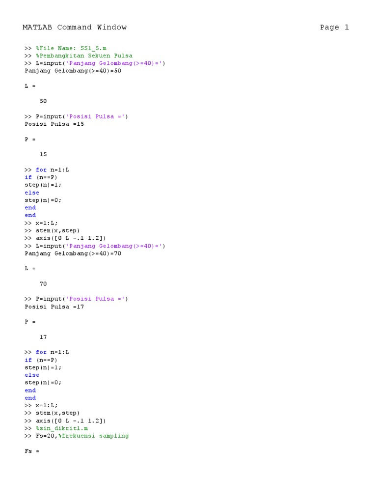 MATLAB Command Window: 'Panjang Gelombang ( 40) ' | PDF