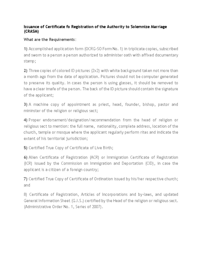 Issuance of Certificate Fo Registration of The Authority To Solemnize ...