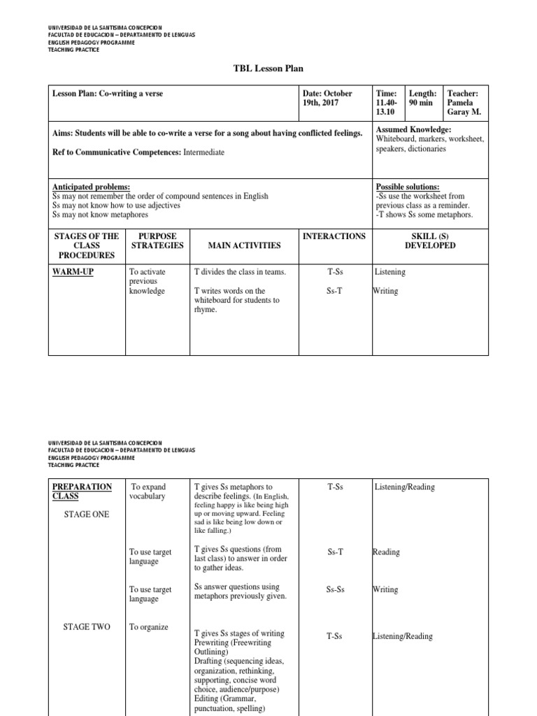 TBL Lesson Plan | PDF | English Language | Lesson Plan