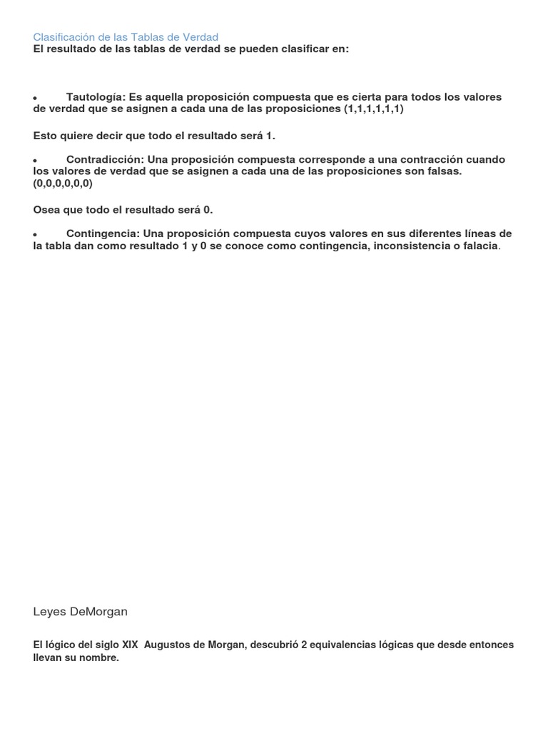 Clasificación de Las Tablas de Verdad | PDF | Proposición | Expresiones lógicas