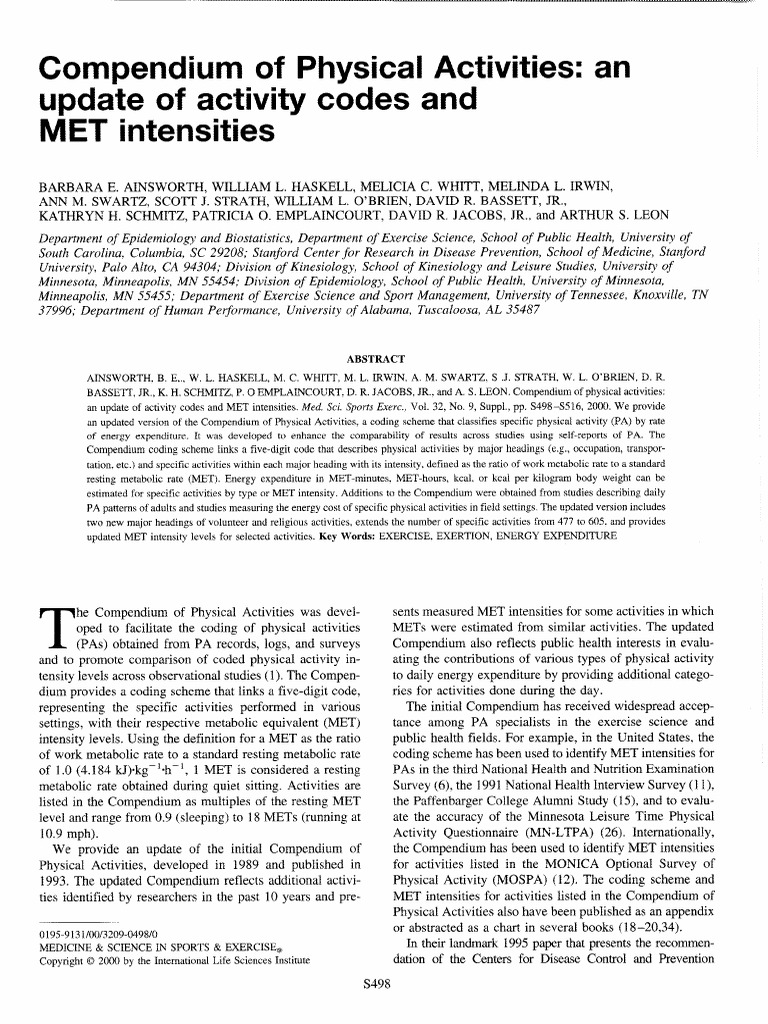 ACSM METs Table Reference Compendium of Physical Activities | PDF ...