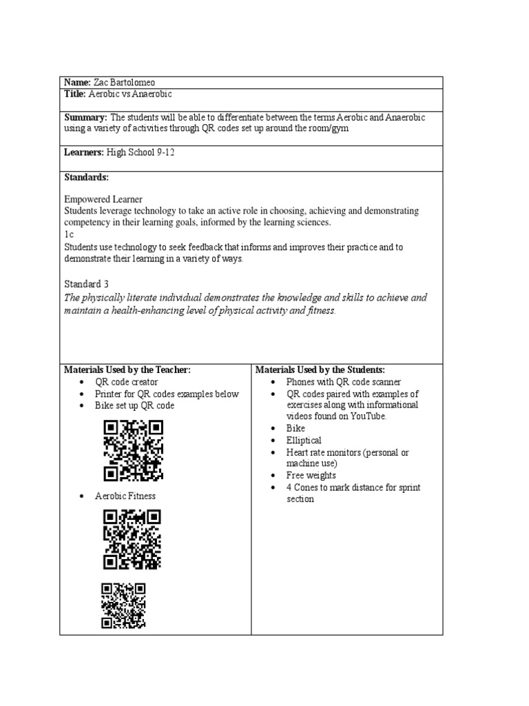 Lesson Plan Tech Assignment 1 Pdf Aerobic Exercise Physical Exercise 