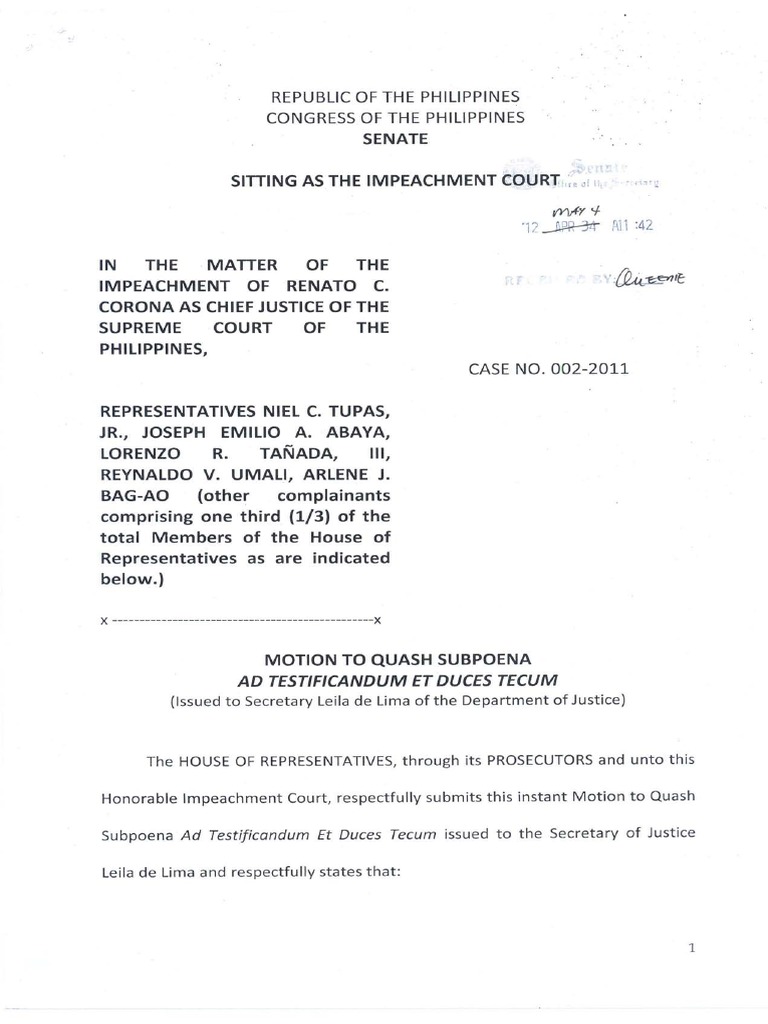 Motion To Quash Subpoena de Lima (Copy) | PDF