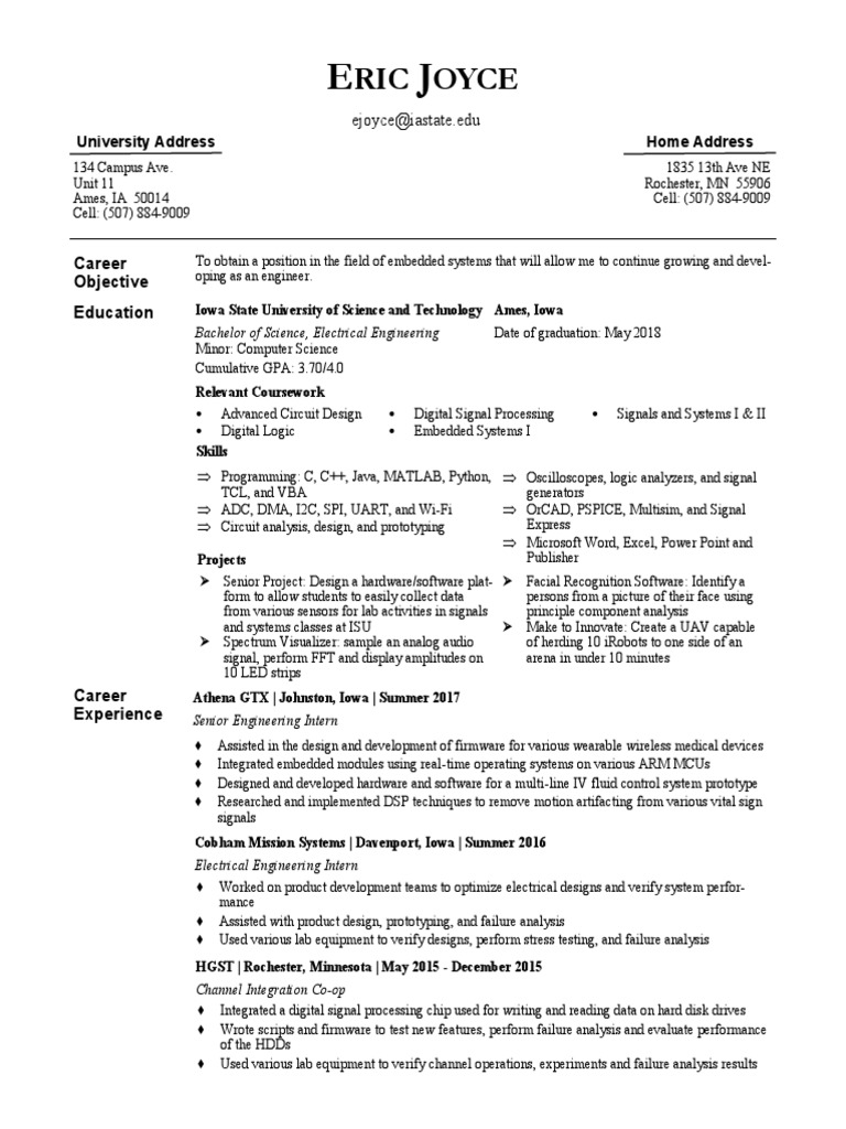 Eric Joyce Resume Current | PDF | Digital Signal Processing | Embedded ...