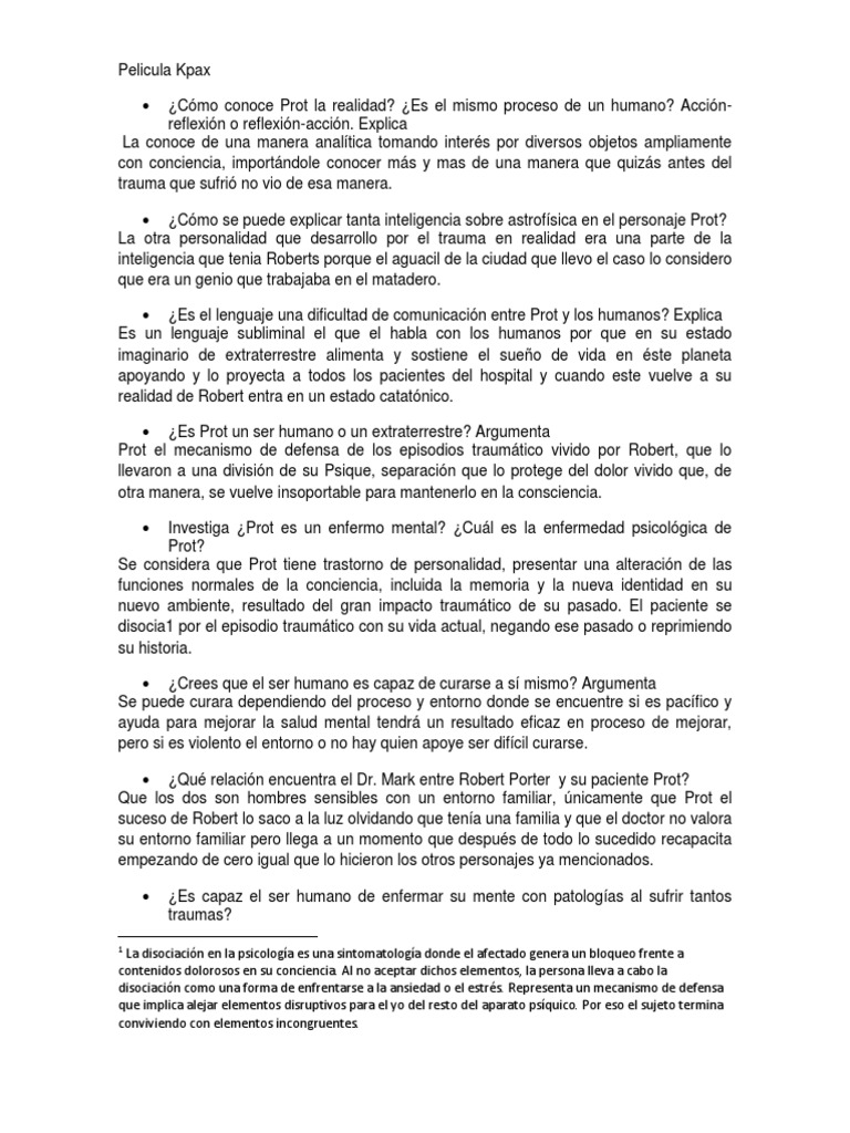 Análisis Psicológico de Prot en K-Pax | PDF | Disociación (psicología ...