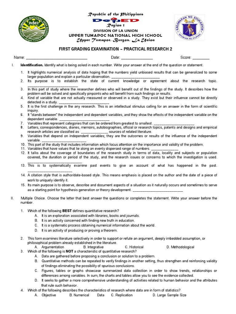 First Grading Exam | PDF | Quantitative Research | Methodology