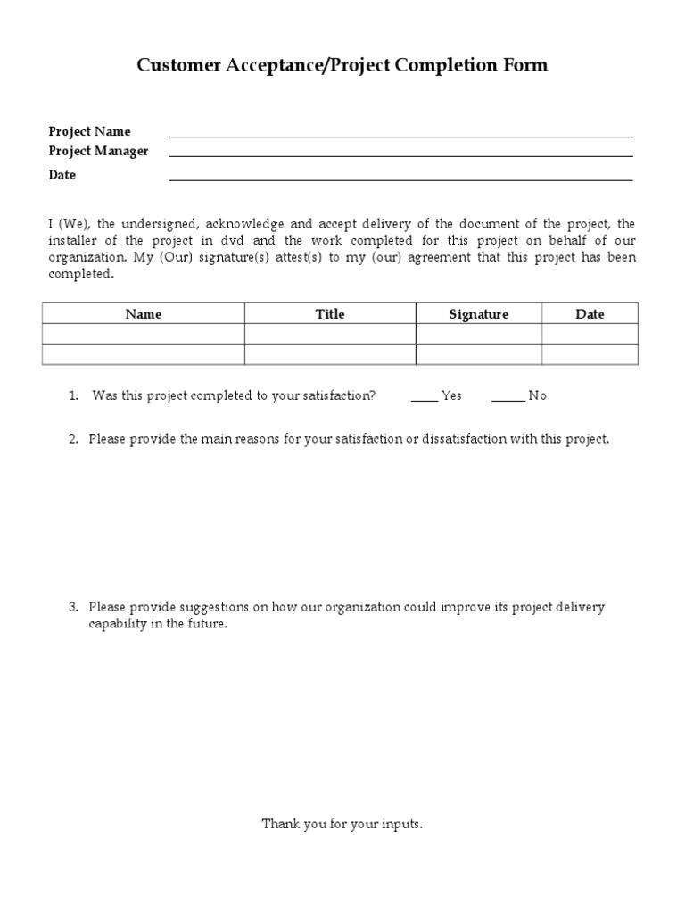Signaling Project Completion: A Customer Acceptance Form Documents ...