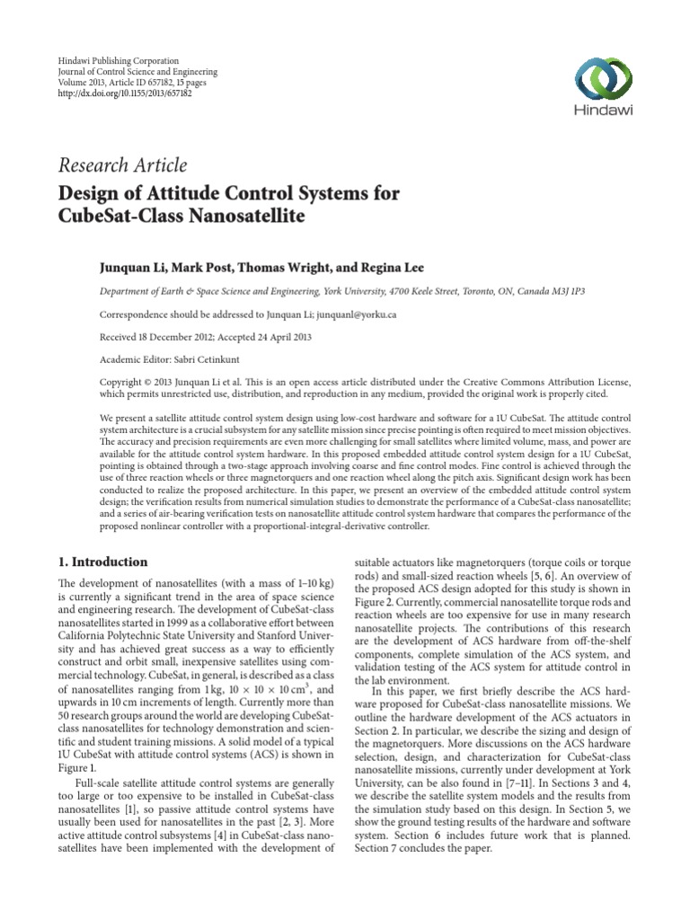 Design of Attitude Control Systems For CubeSat-Class Nanosatellite ...