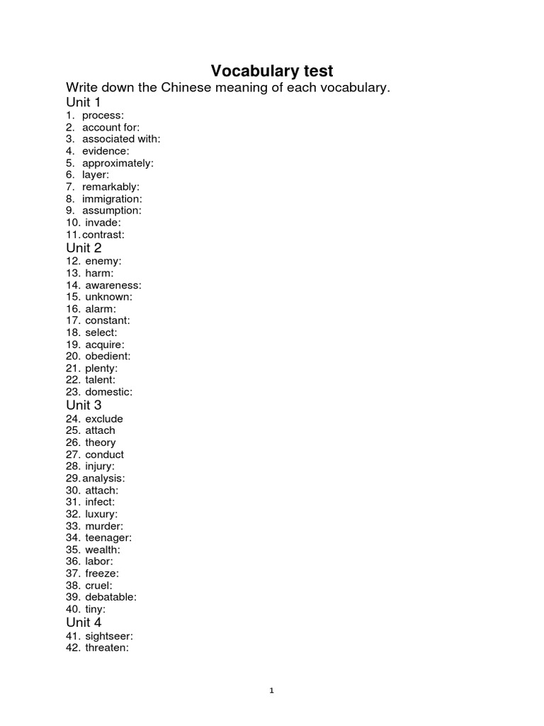 Vocabulary Test: Write Down The Chinese Meaning of Each Vocabulary ...