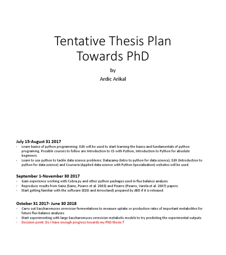 Tentative Thesis Plan Towards PHD: by Ardic Arikal | PDF