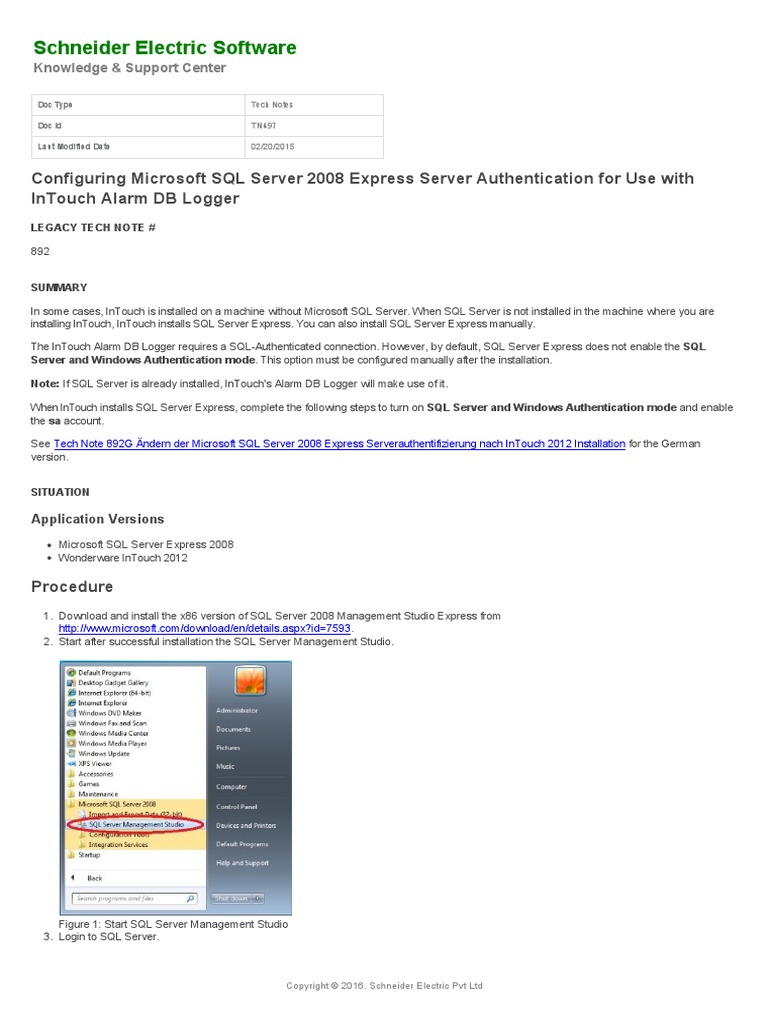 Configuring Microsoft SQL Server 2008 Express Server Authentication For Use With InTouch Alarm ...