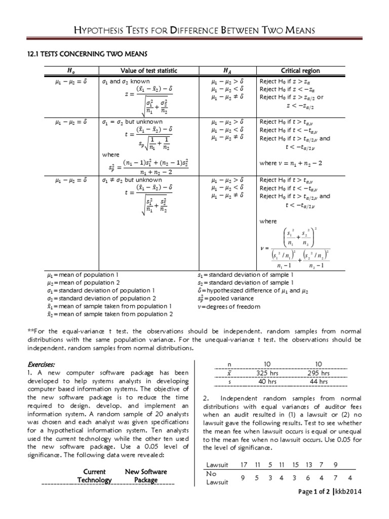 Hypothesis Tests for Two Means | PDF | Statistical Hypothesis Testing ...