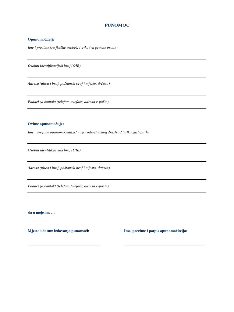Obrazac Punomoc Zastupanje | PDF