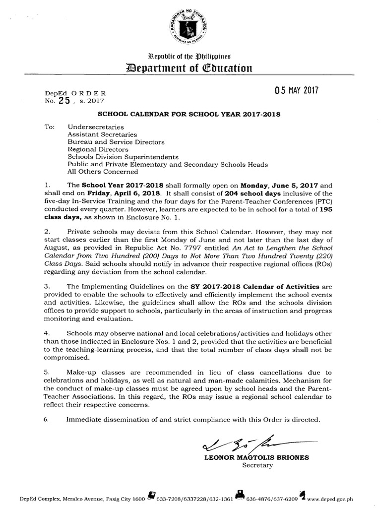 DepEd School Calendar SY 2017-2018 | PDF