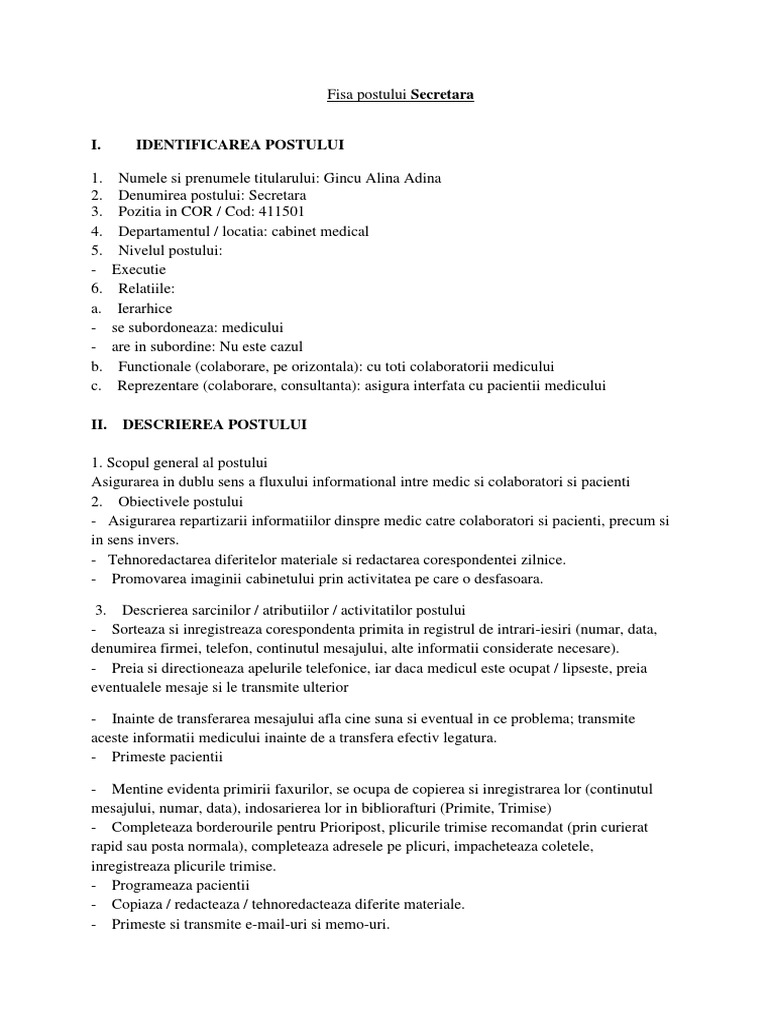 Fisa postului Secretara