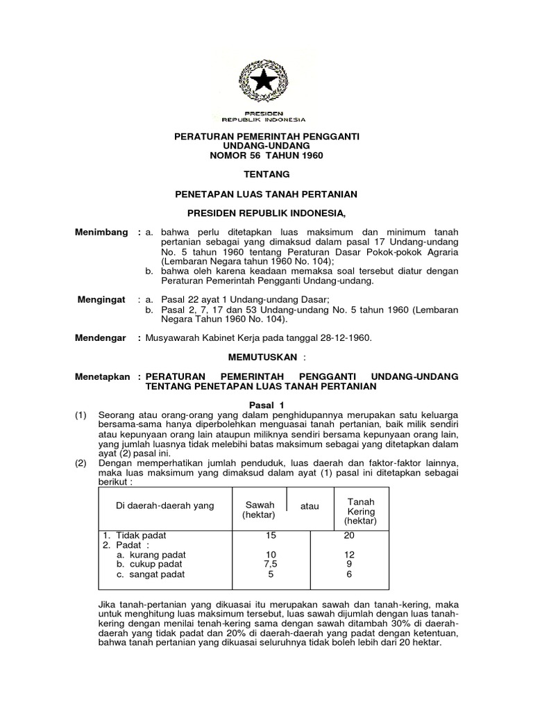 Peraturan Pemerintah Pengganti Undang Undang Nomor 56 Tahun 1960 | PDF Peraturan Pemerintah Pengganti Undang Undang Nomor 56 Tahun 1960 | PDF