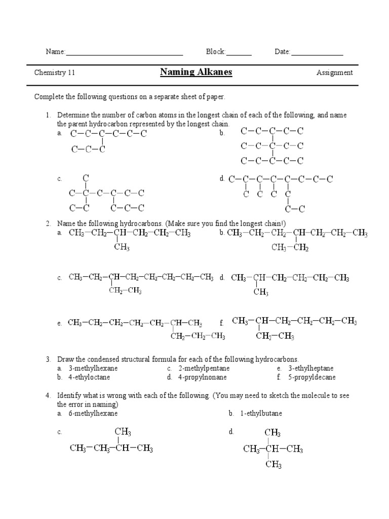 Naming Hydrocarbons Worksheet