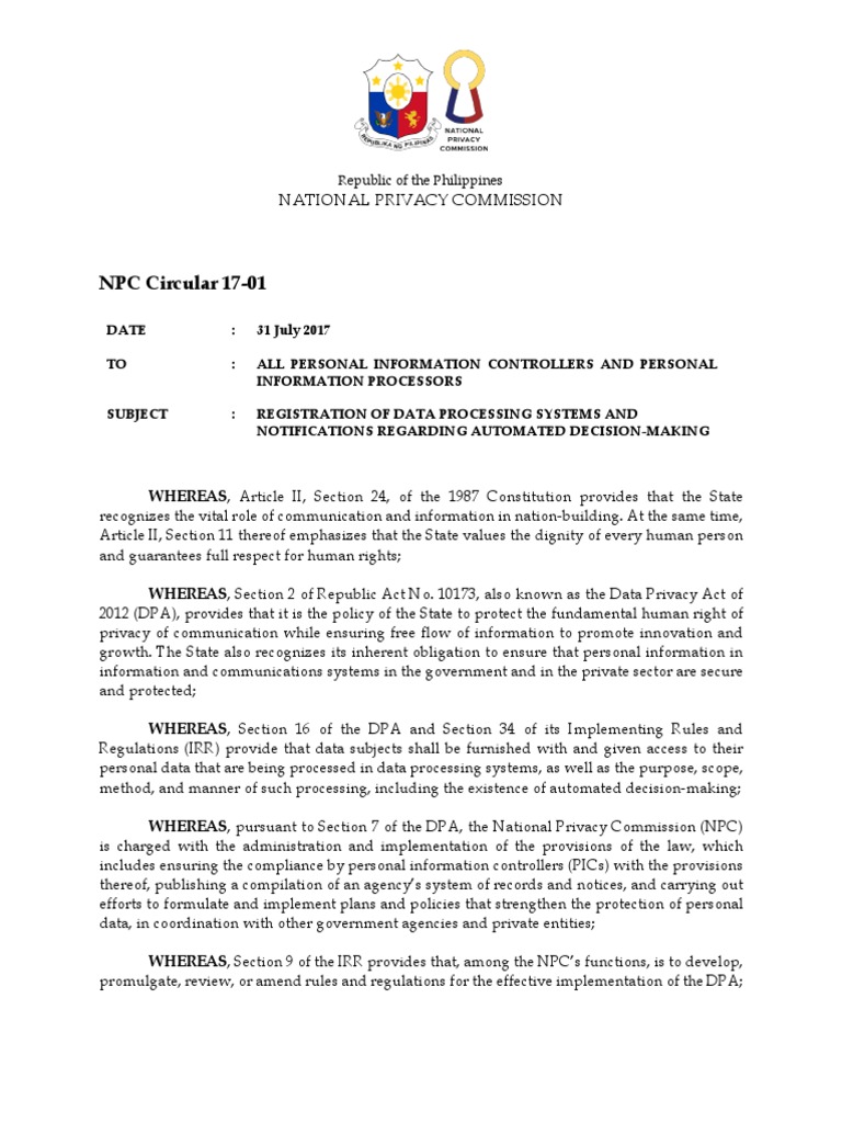 NPC Circular 17 01 Registration Final | Personally Identifiable ...